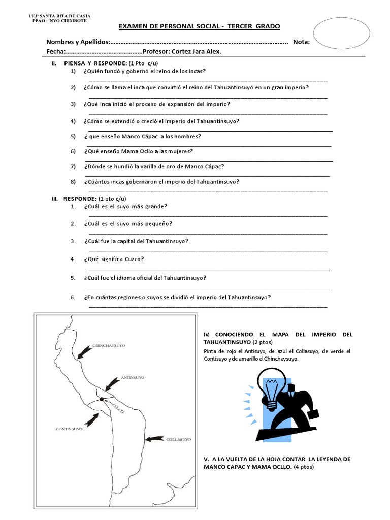 Examen sobre el Tahuantinsuyo para Tercer Grado | PDF | Imperio Inca ...