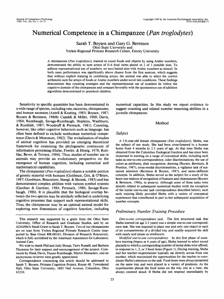 Numerical Competence in A Chimpanzee (Pan Troglodytes) : Sarah T ...