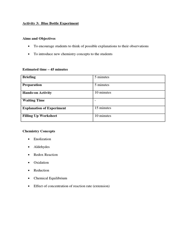Blue Bottle Experiment v2.0 (With Extension) | PDF | Redox | Chemical ...