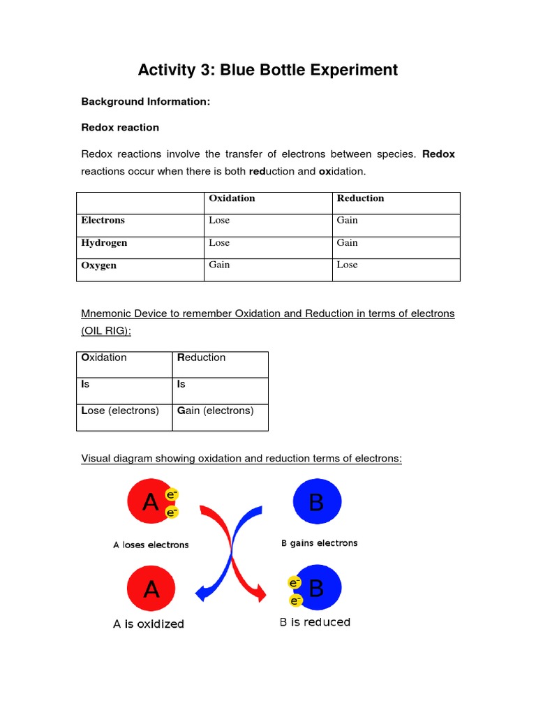 Activity 3: Blue Bottle Experiment: Background Information: Redox ...