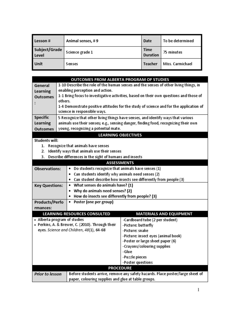 Class 5 Animal Senses Lesson Plan | PDF | Senses | Educational Assessment