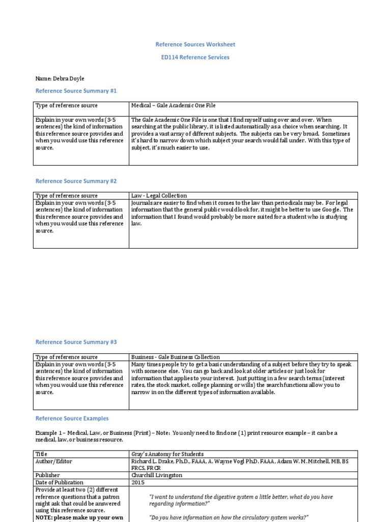 Reference Sources Worksheet ED114 Reference Services | PDF | Magazines ...
