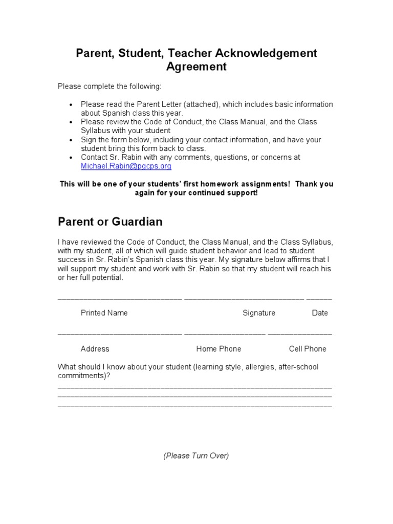 Parent, Teacher, Student Acknowledgement Letter | Homework | Pedagogy