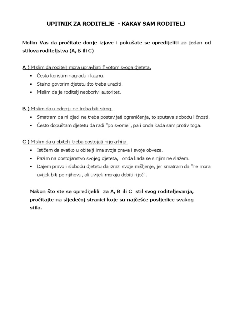 UPITNIK - Kakav Sam Roditelj | PDF