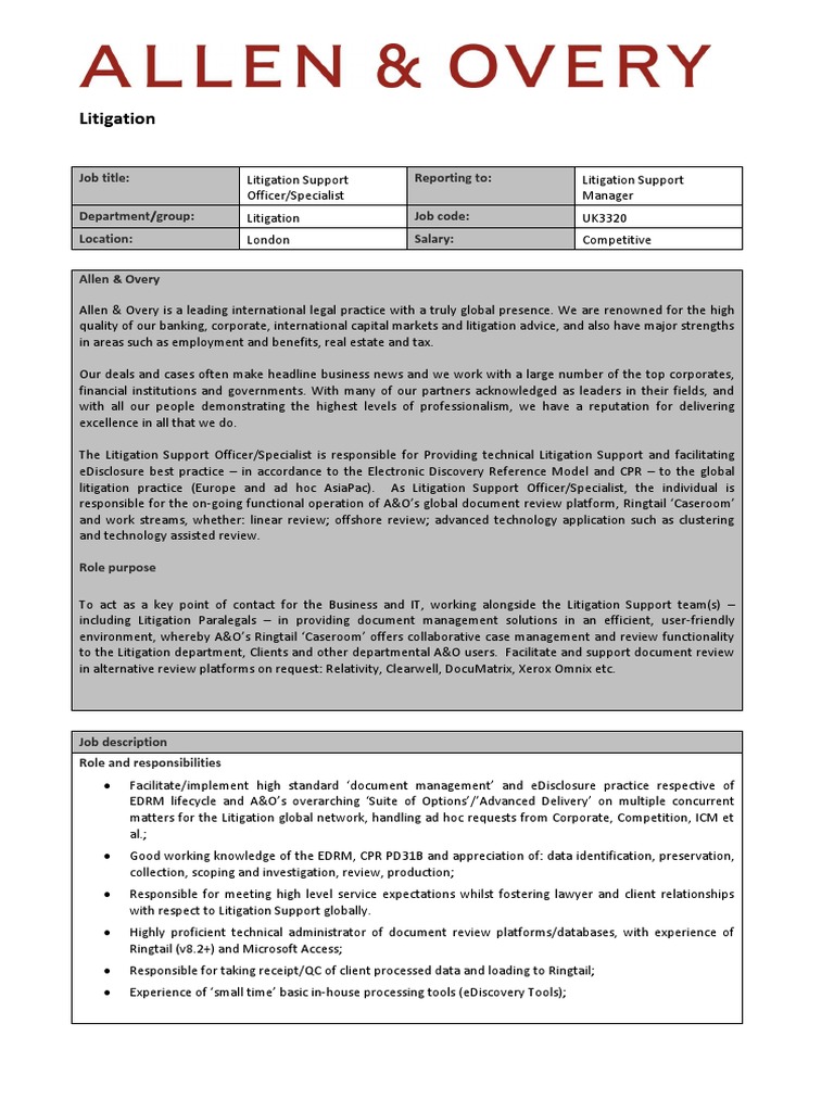Litigation Support Officer Job Description | PDF | Metadata | Computing