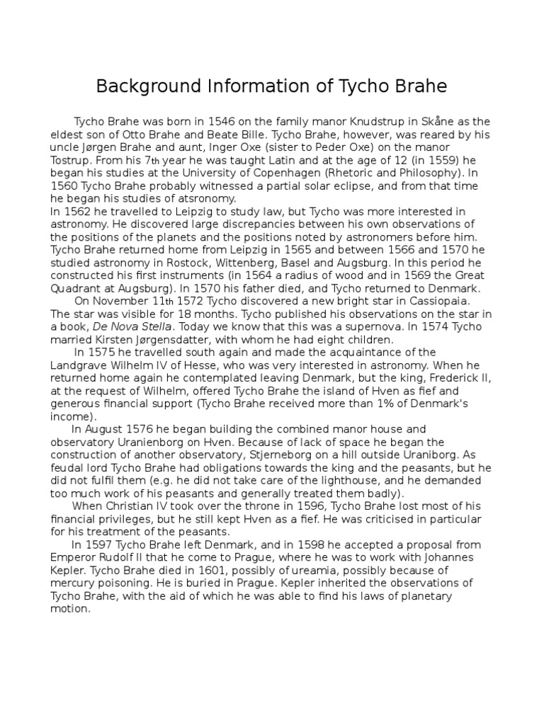 Background Information of Tycho Brahe | PDF | Tycho Brahe | Astronomy