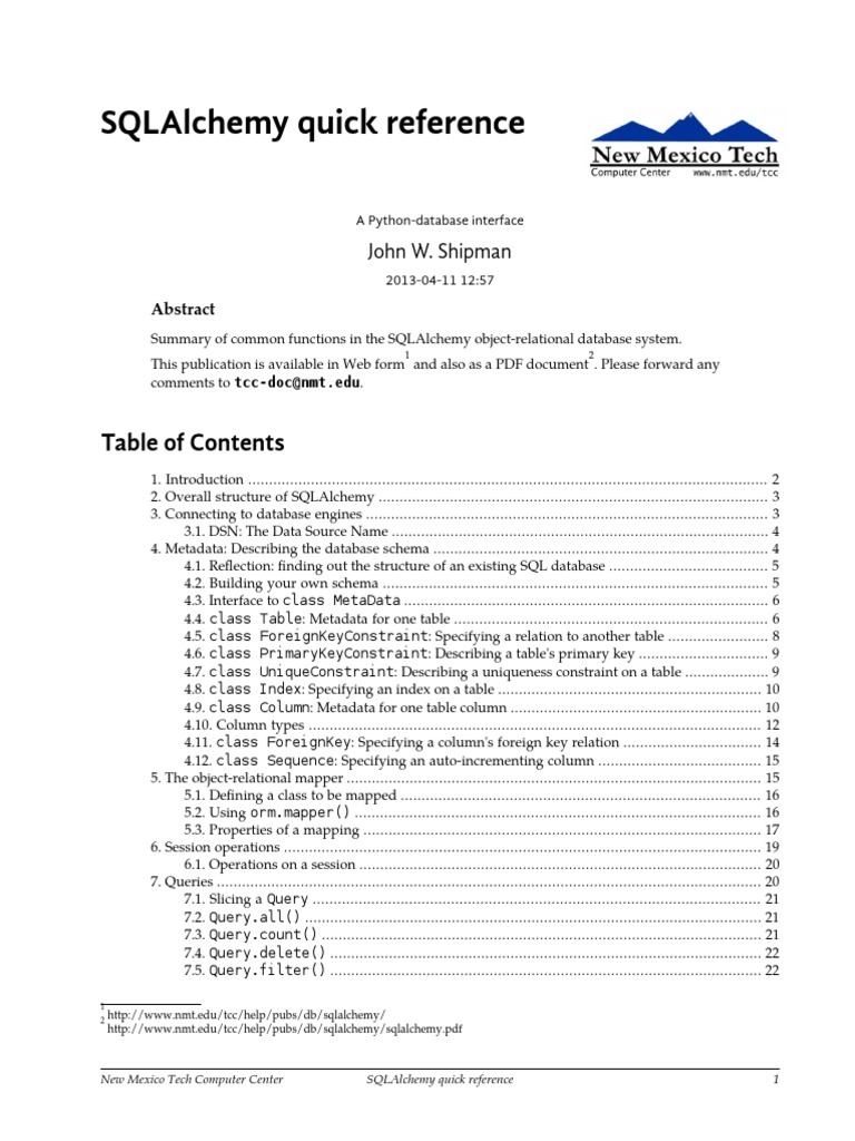 Sqlalchemy Cheatsheet PDF | PDF | Data Type | Database Index