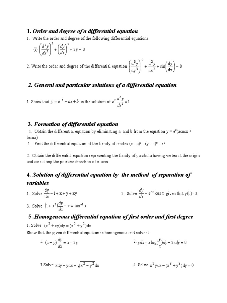 Diff Eqn Order Degree Vari Sep | PDF | Differential Equations | Equations