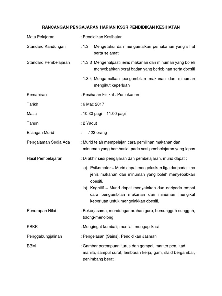 RPH Pendidikan Kesihatan | PDF