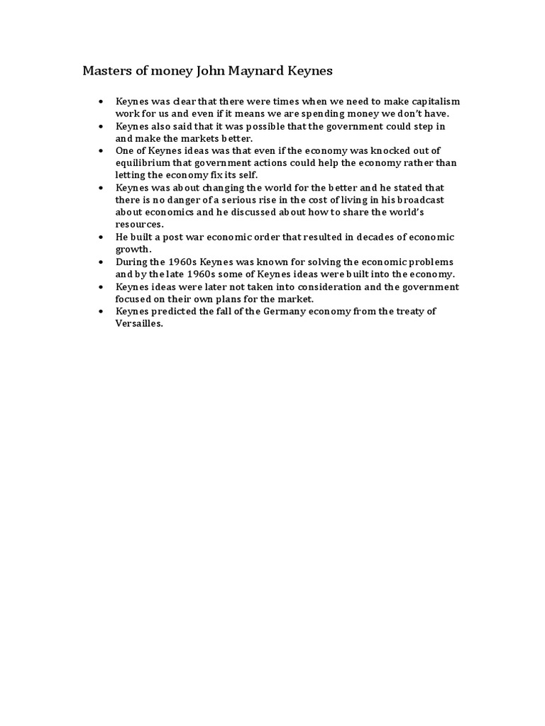 Masters of Money John Maynard Keynes Notes | PDF