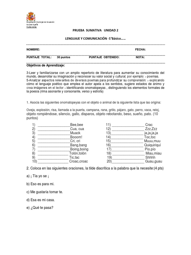 Prueba 5° Basico | PDF | Poesía
