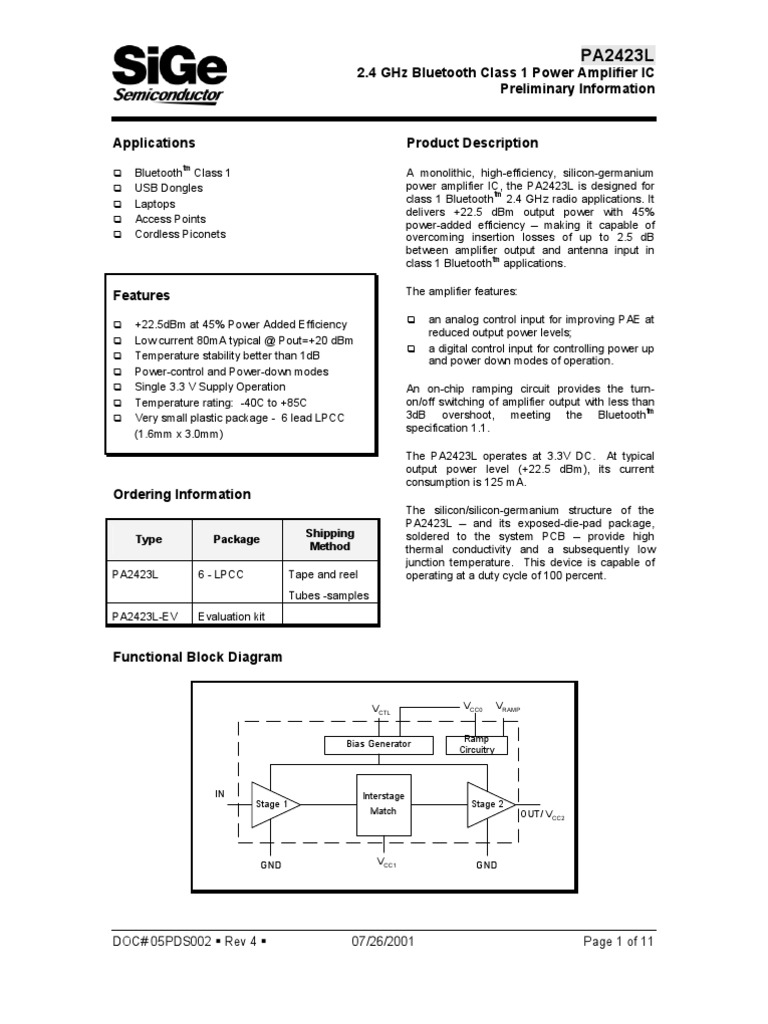 2.4 GHZ Bluetooth Class 1 Power Amplifier Ic Preliminary Information ...