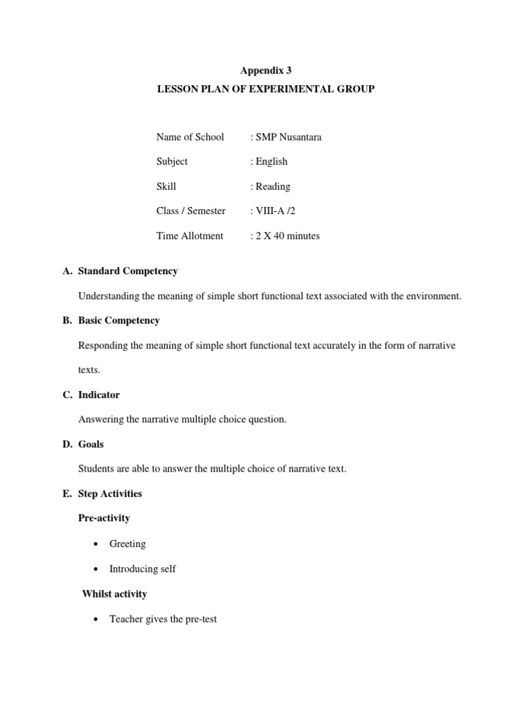 Appendix 3 Lesson Plan of Experimental Group | PDF | Mr. Mc Gregor | Goat