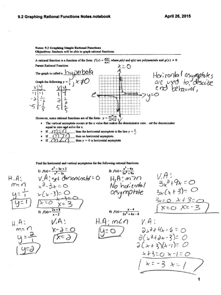 Graphing Rational Functions Notes Filled in | PDF | Asymptote | Algorithms