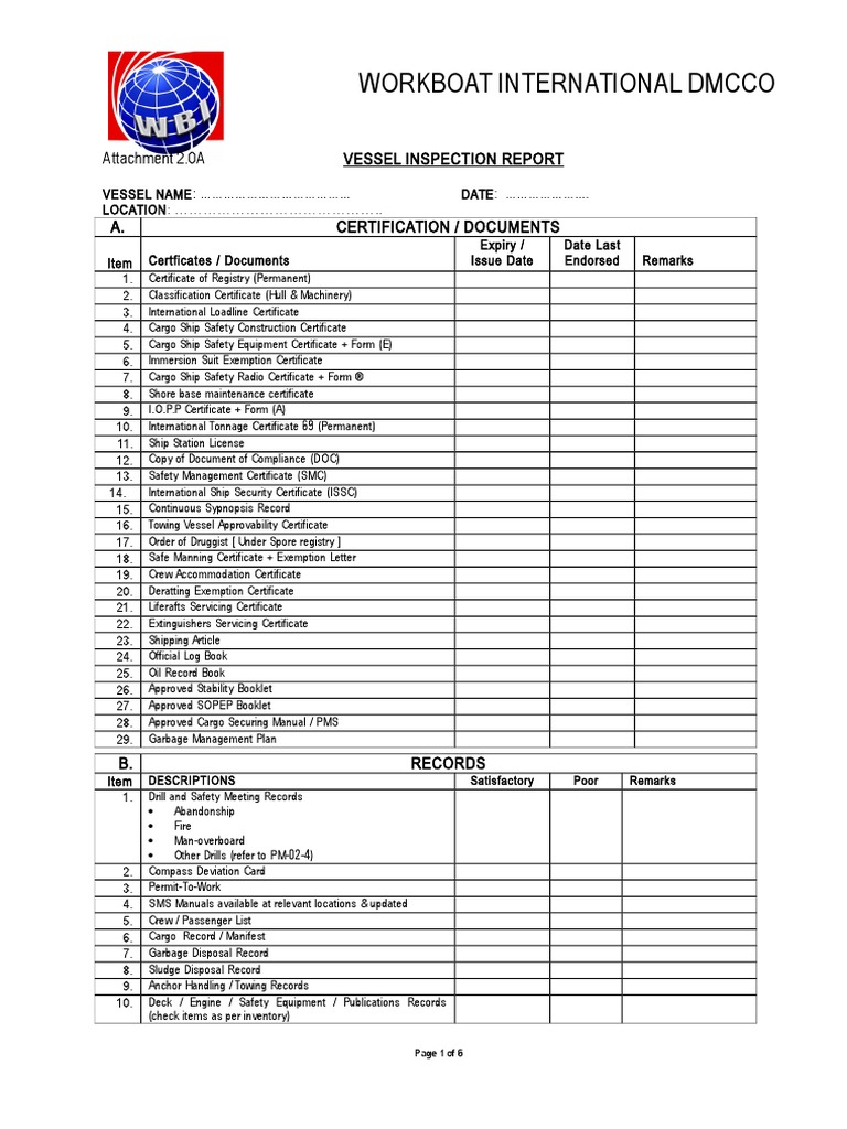 VSL Inspection Form 300611 | Download Free PDF | Ships | Fire Sprinkler ...