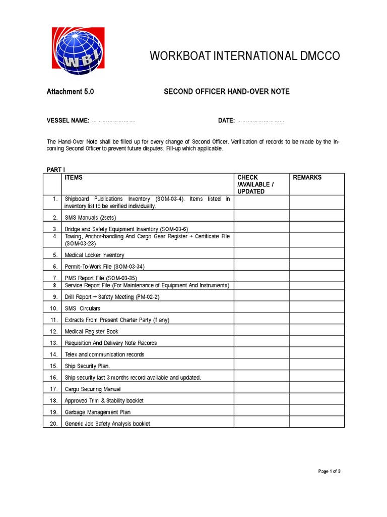 2nd Officer Hand Over Note | PDF | Water Transport | Shipping