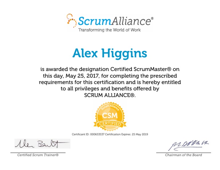 Alex Higgins-ScrumAlliance - CSM - Certificate PDF | PDF
