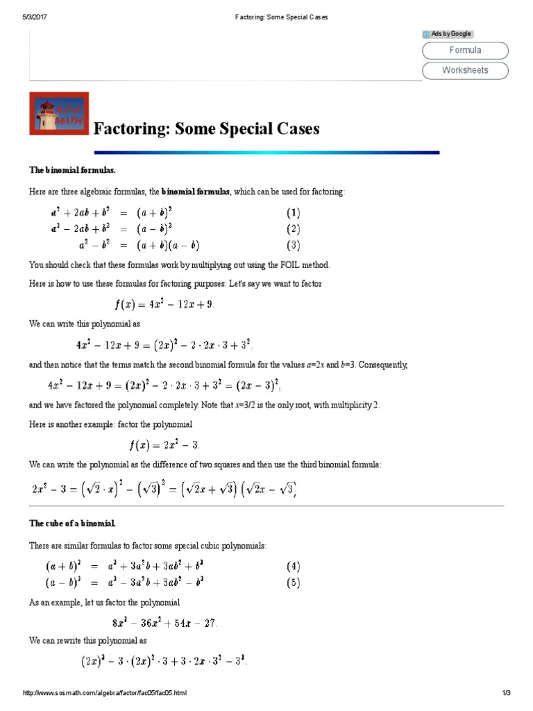 Factoring: Some Special Cases: Formula Worksheets | PDF | Factorization ...