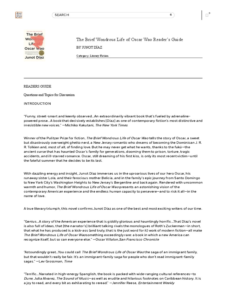 The Brief Wondrous Life of Oscar Wao by Junot Díaz - Reading Guide ...