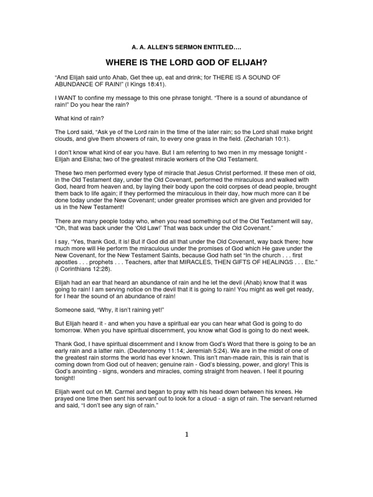 Where Is The Lord God of Elijah? by A. A. Allen | PDF | Elijah | Miracle