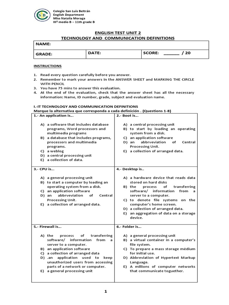 English Test: IT & Communication Unit 2 | PDF | Information Technology ...