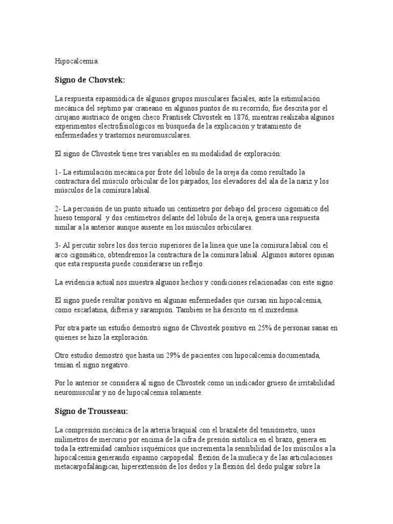 Signos de Chvostek y Trousseau en Hipocalcemia | PDF | Especialidades ...
