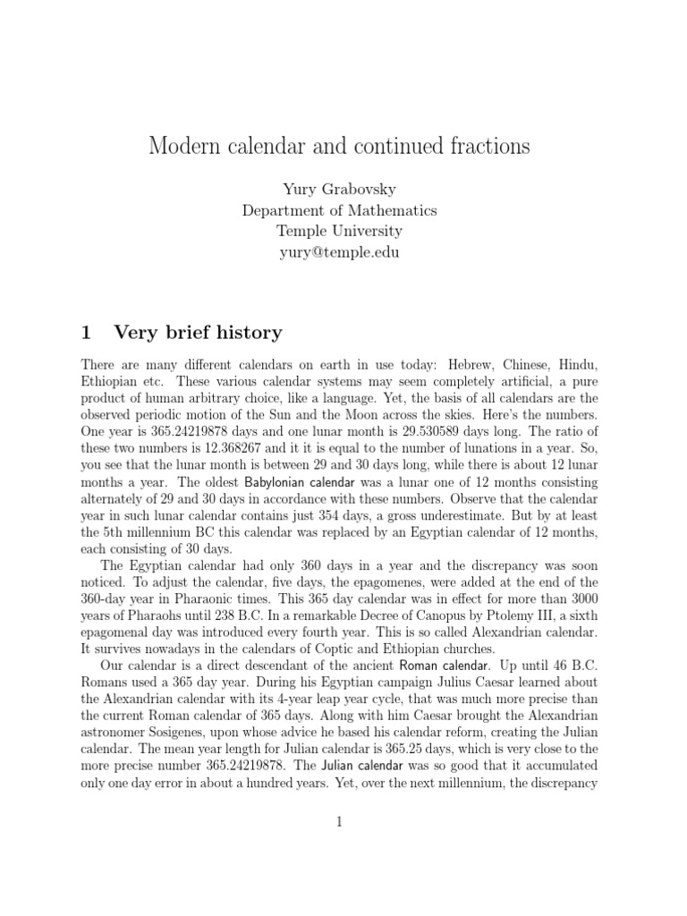 Modern Calendar and Continued Fractions: 1 Very Brief History | PDF ...