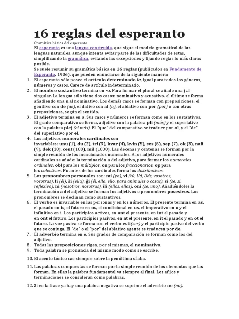 16 Reglas Del Esperanto | PDF | Palabra | Adjetivo