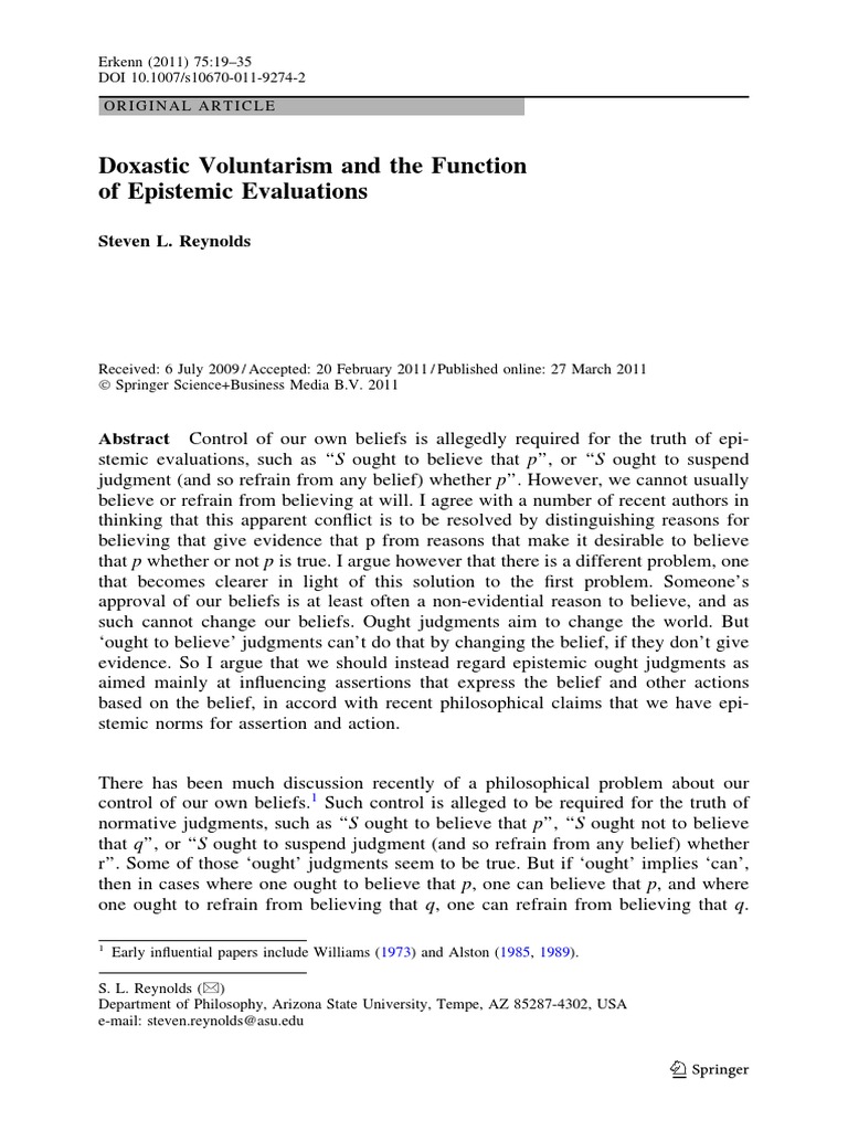 Reynolds - Doxastic Voluntarism and The Function of Epistemic ...