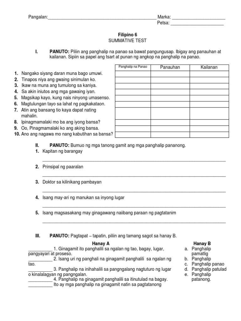 1st Summative Test Filipino 6 | PDF