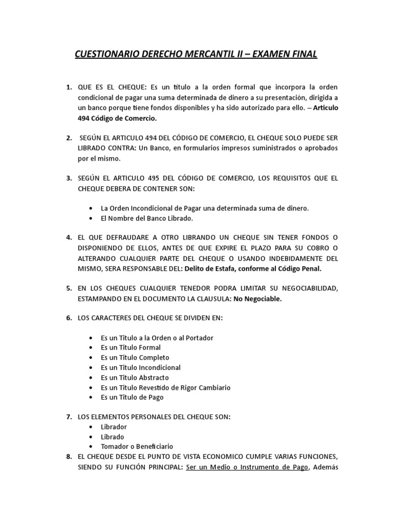 Cuestionario Derecho Mercantil - Examen Final | PDF | Cheque | Justicia