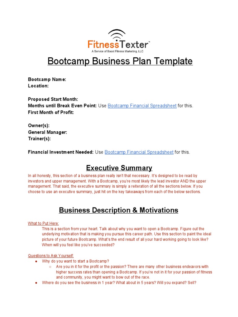 Bootcamp Business Plan Template: Executive Summary | PDF | Advertising ...