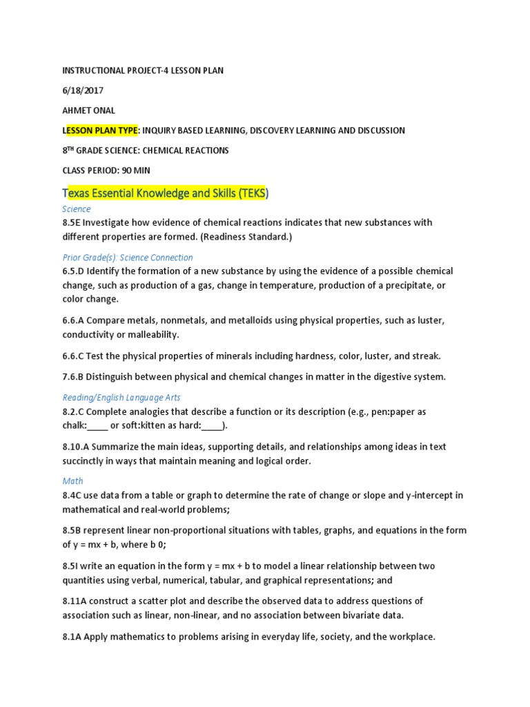 Texas Essential Knowledge and Skills (TEKS) : Lesson Plan Type: Inquiry ...