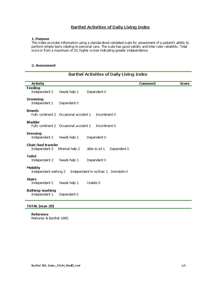 Barthel ADL - Index - SVUH - MedEL - Tool | PDF
