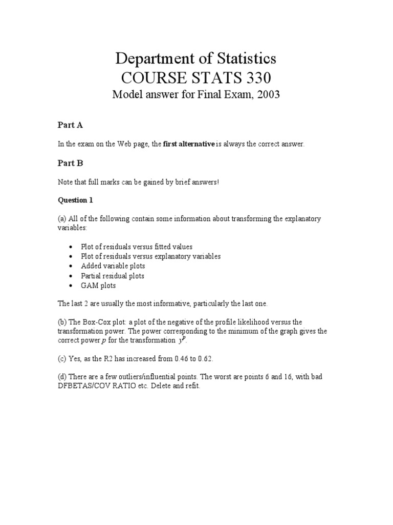 Department of Statistics Course Stats 330: Model Answer For Final Exam, 2003 | PDF | Errors And ...