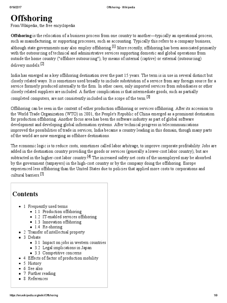 Offshoring From Wikipedia The Free Encyclopedia Pdf Offshoring