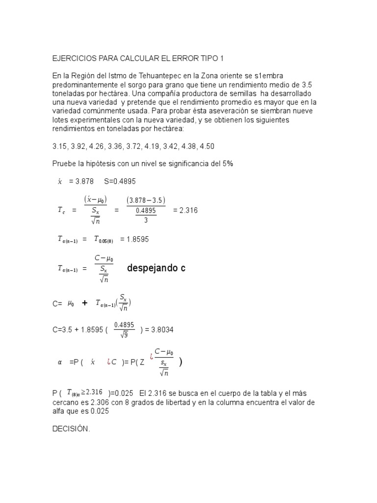 Ejercicios para Calcular El Error Tipo 1 | PDF | Probabilidades y ...