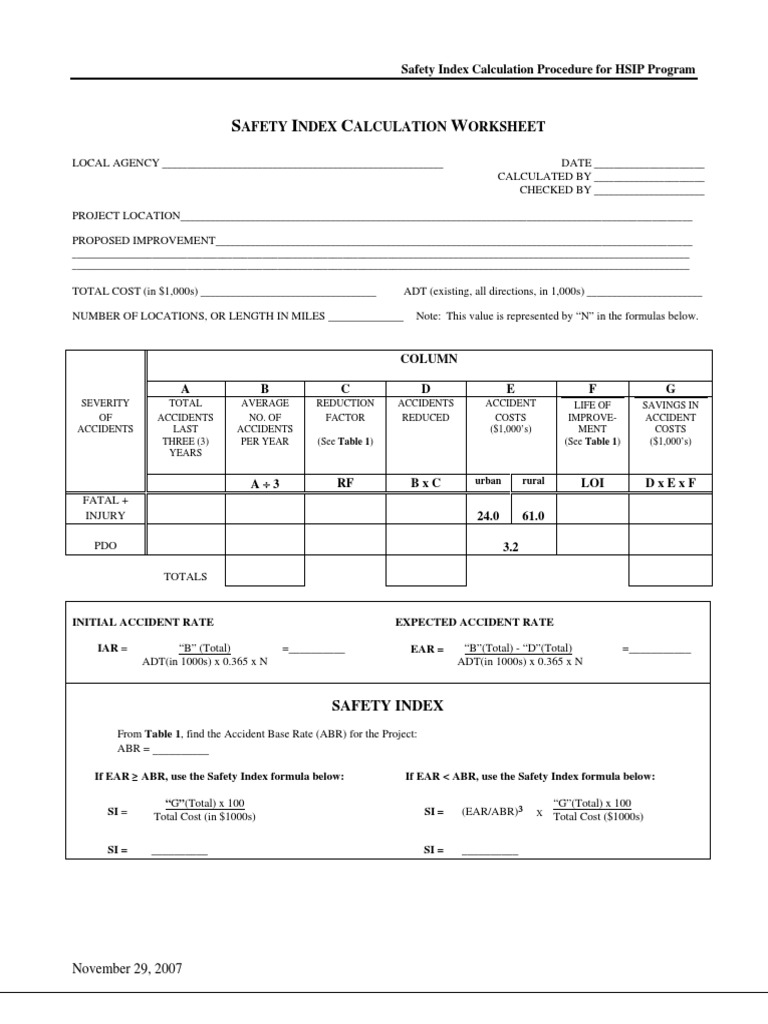 Safety Index Calculation Work Sheet 1 Intersection Road Traffic