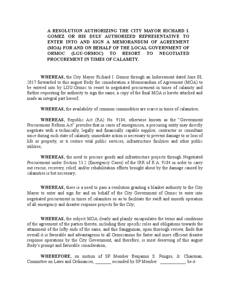 Reso Draft MOA Negotiated Procurement | Justice | Crime & Justice ...