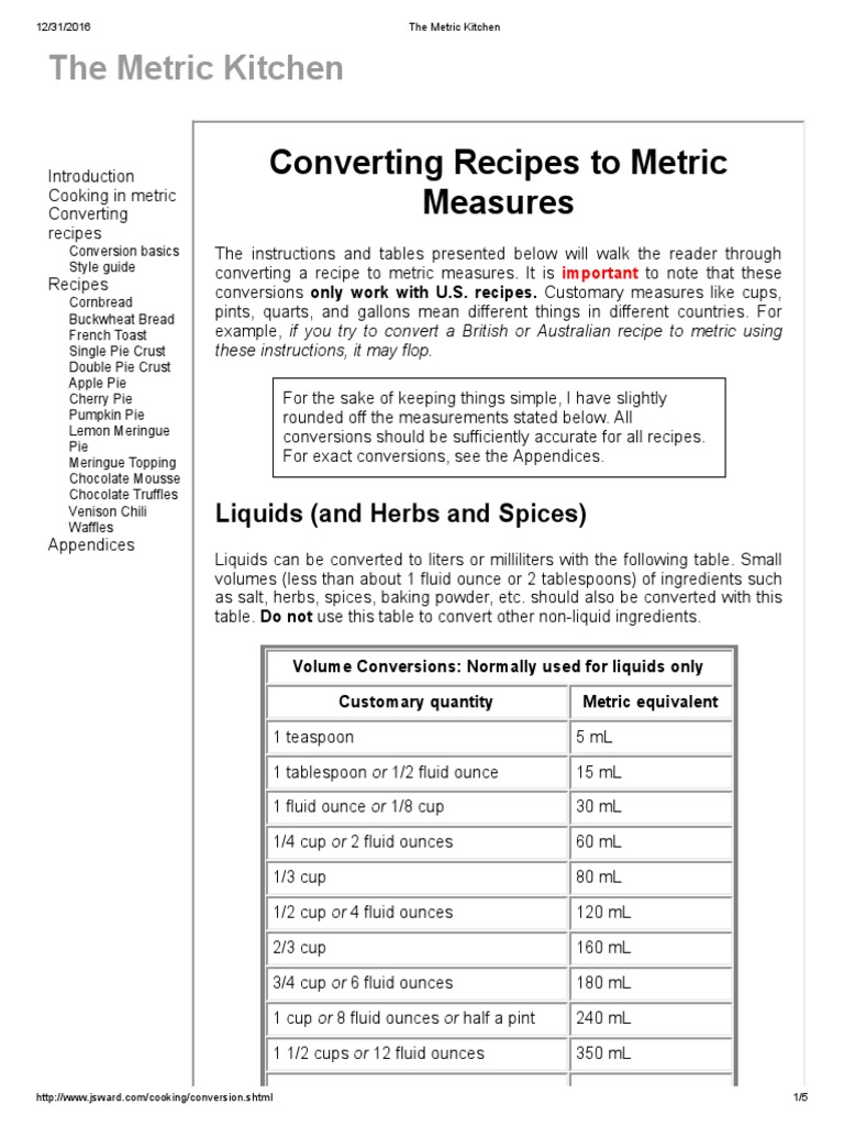 Converting Recipes to Metric Measurements | PDF | Pint | Cuisine