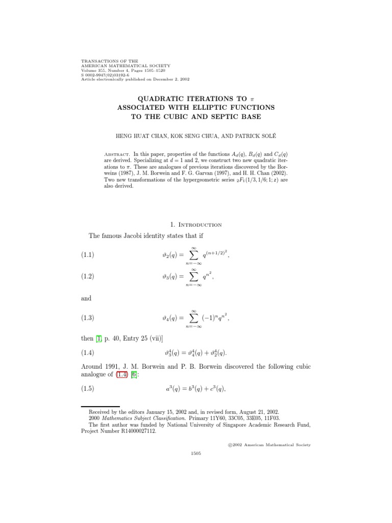 Quadratic Iterations To Π Associated With Elliptic Functions To The ...