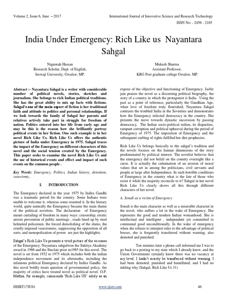 India Under Emergency Rich Like Us Nayantara Sahgal | PDF