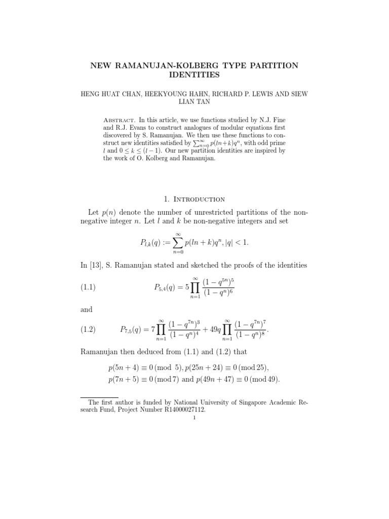 Chan H H, Hahn H, Lewis R P, Tan S L - New Ramanujan-Kolberg Type ...