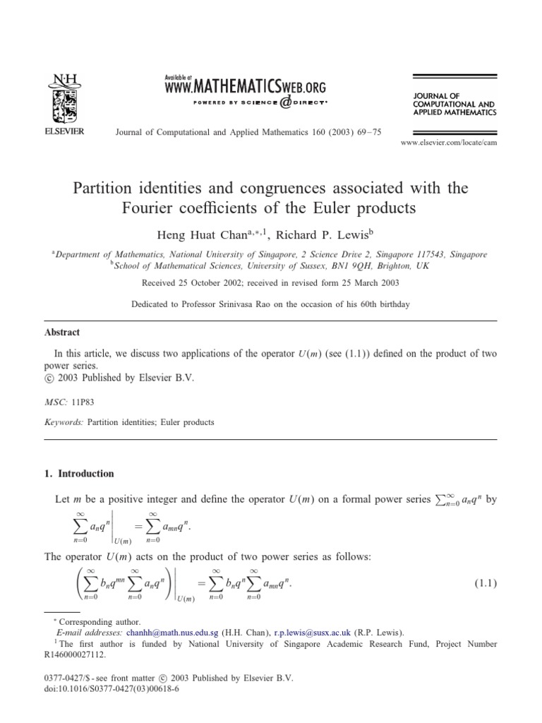 Partition Identities and Congruences Associated With The Fourier Coe ...