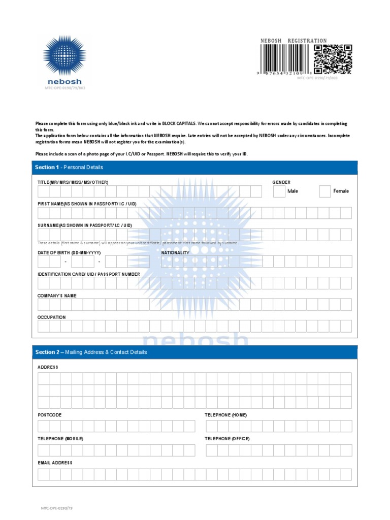 Nebosh Registration Form-1 | PDF | Identity Document | Cheque