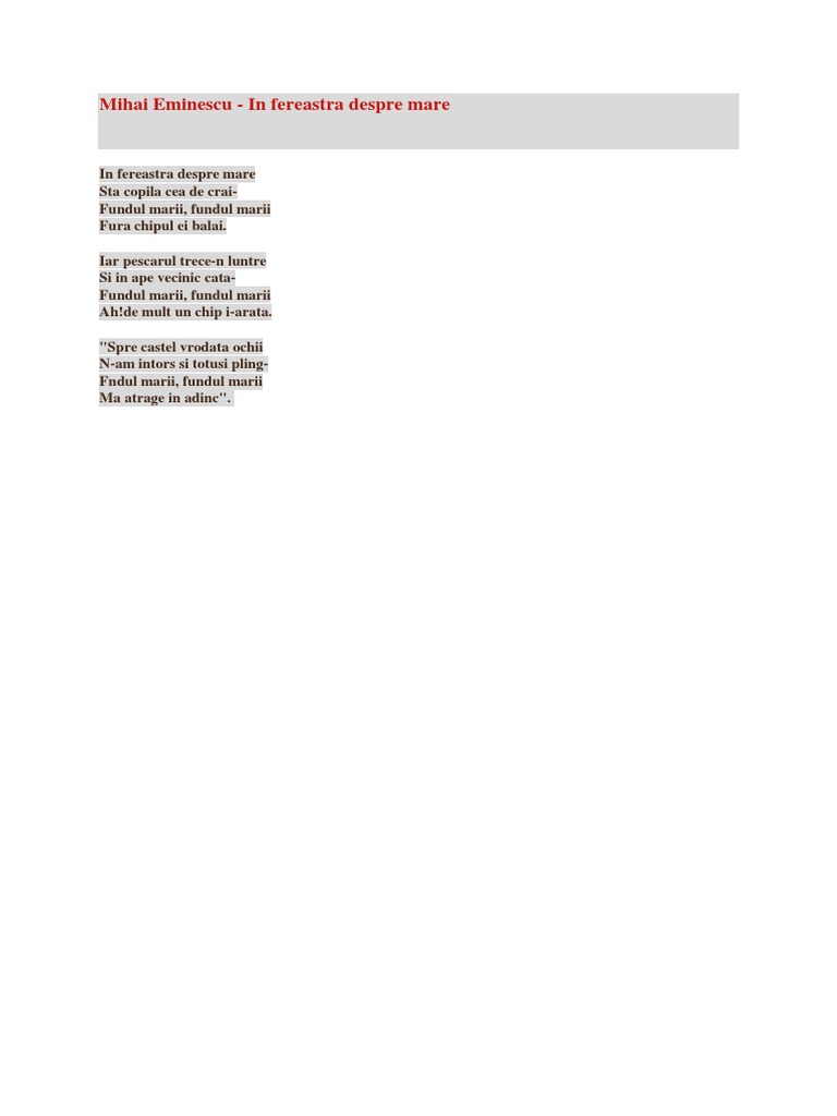 In Fereastra Despre Mare | PDF | Poetry