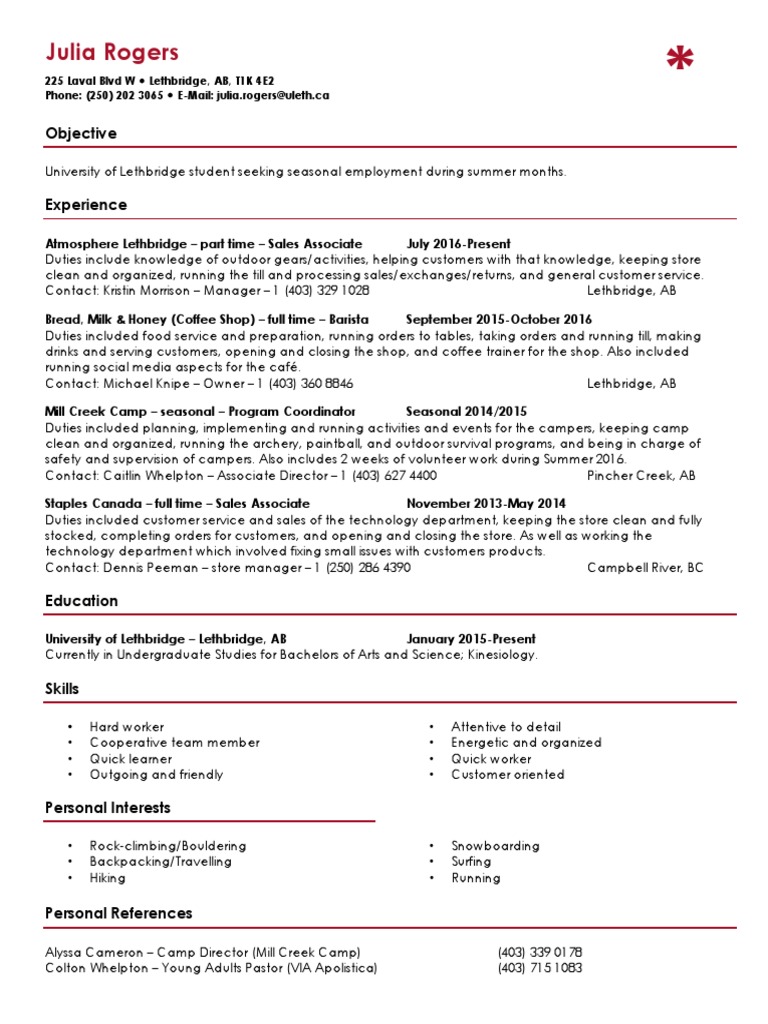 Julia Rogers Resume | PDF | Camping