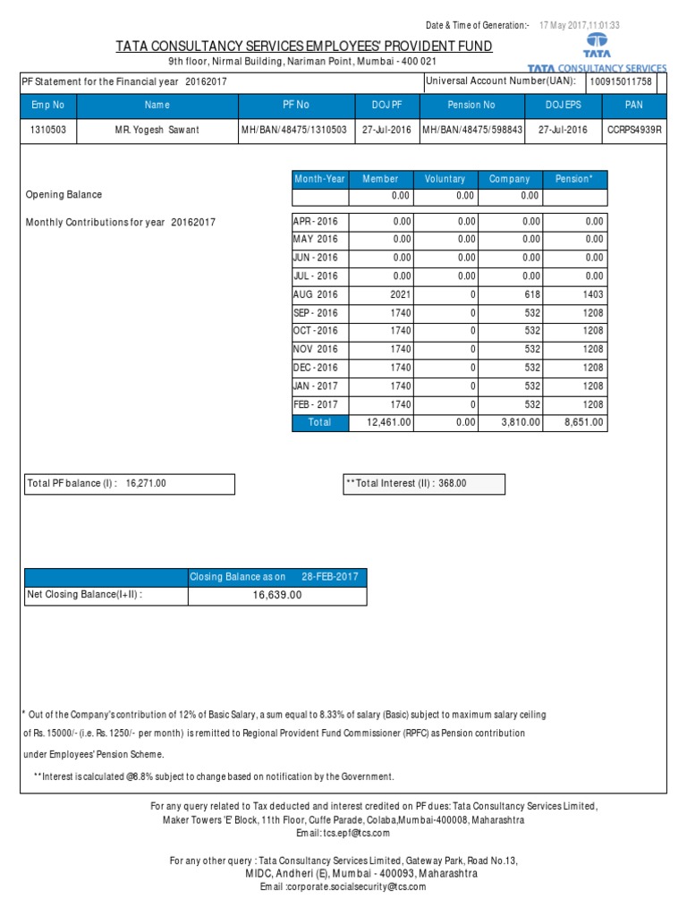 TC S Feb 2017 PF Statement | PDF | Employment Compensation | Retirement