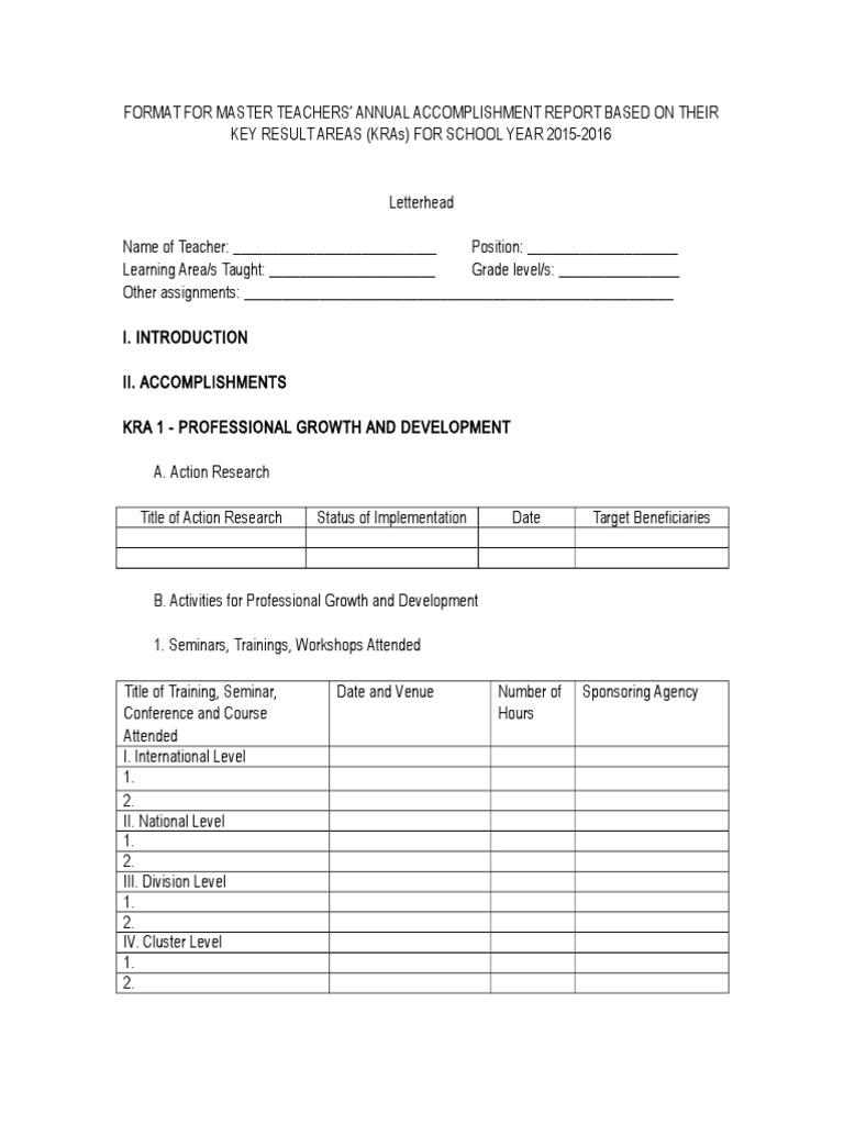 Format For Master Teachers - Accomplishment Report 2 | PDF | Graduate ...