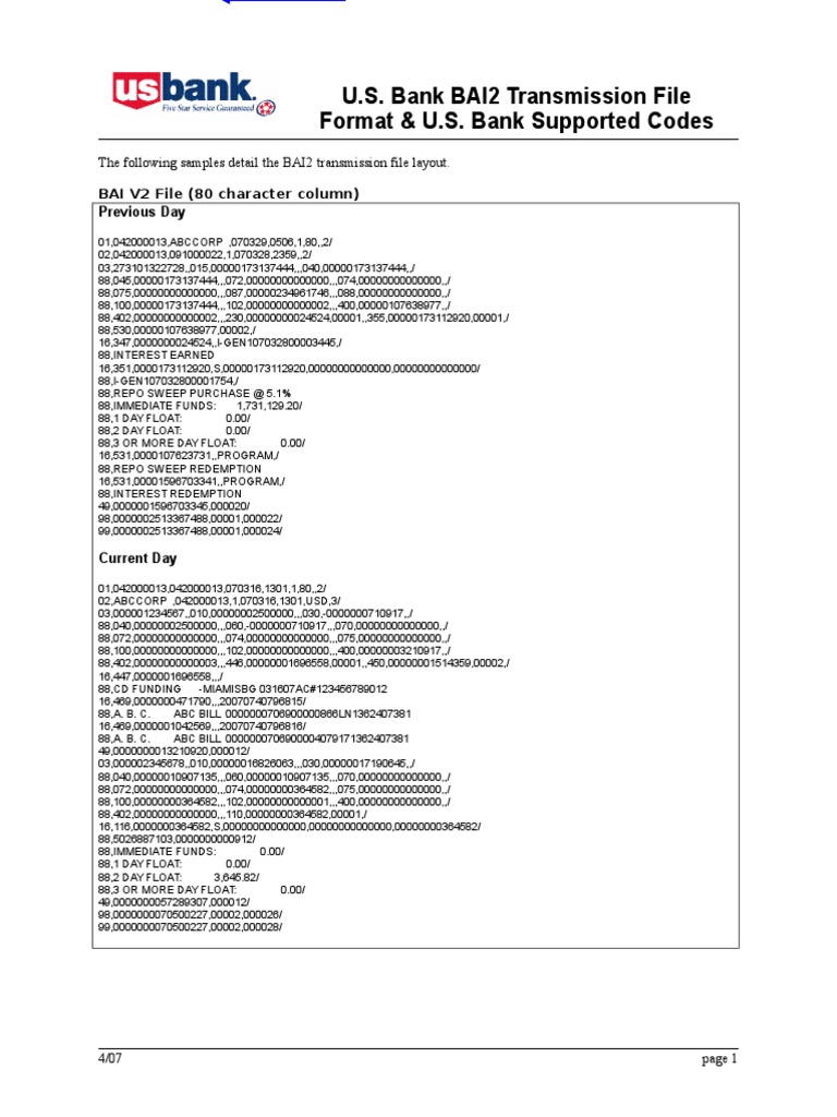 BAI2 File Format Guide 091208 | Wire Transfer | Debit Card